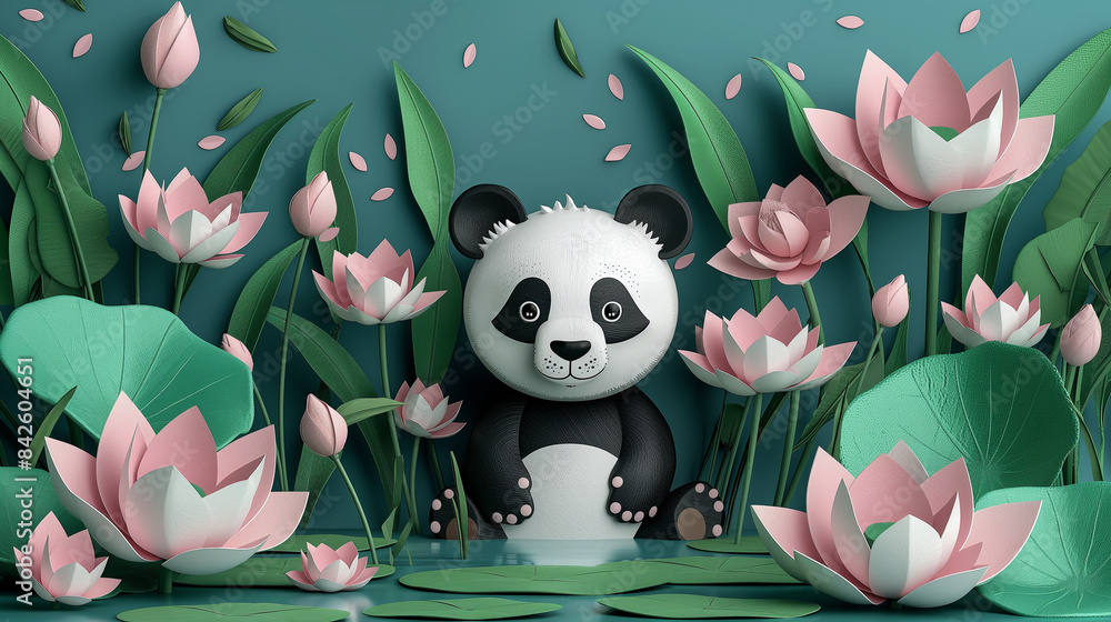 paper craft illustration, cute panda at pink lotus pond flower ...
