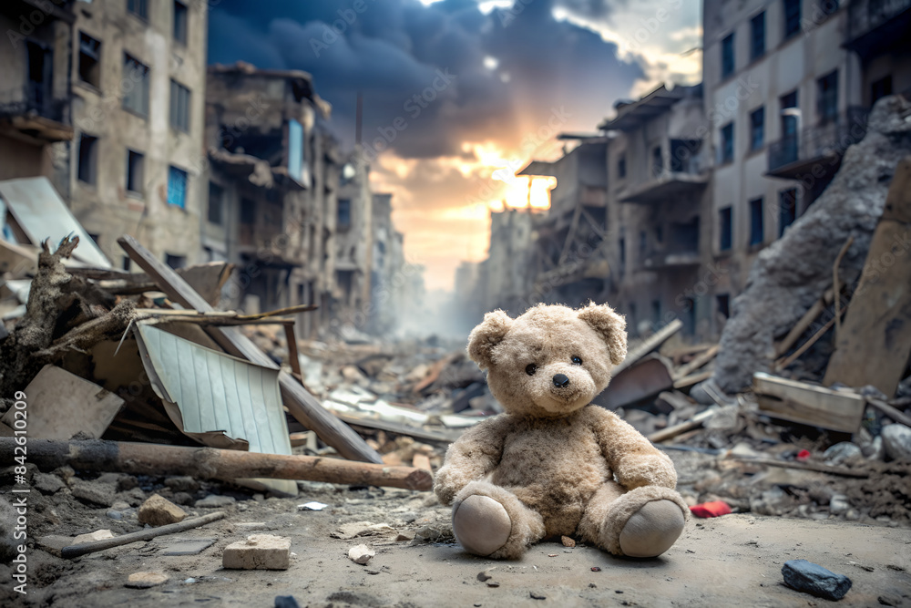 Kids teddy bear toy over city burned destruction of an aftermath war ...
