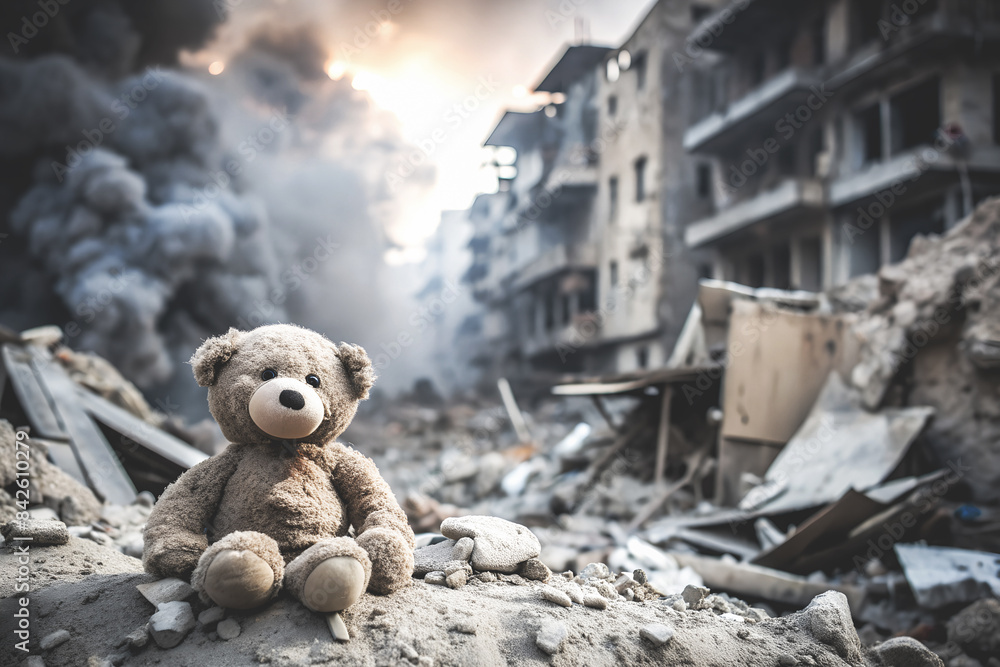 Kids teddy bear toy over city burned destruction of an aftermath war ...