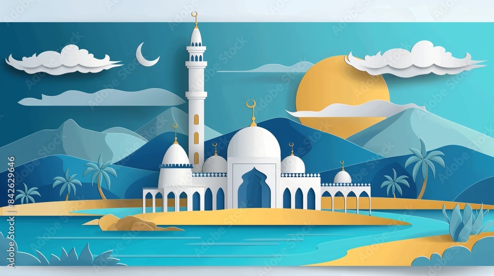paper craft cartoon illustration, beautiful mosque, Islam Stock ...