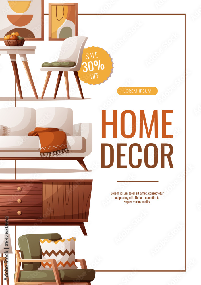 Flyer design with cozy sofa, armchair, dining table, chest drawers ...