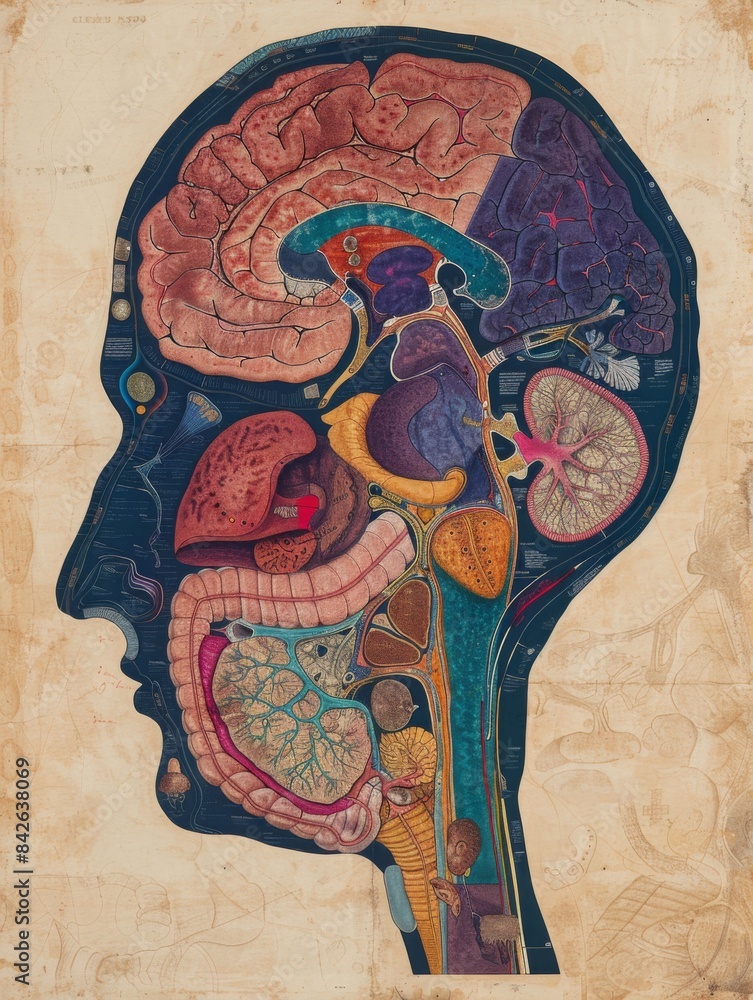 The illustration shows a human head in profile, with a cutaway view of ...