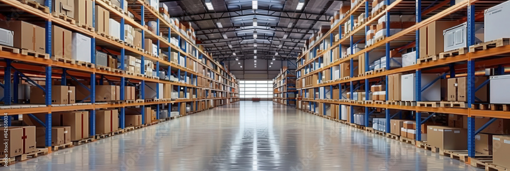 Organized warehouse with shelves stocked with boxes and pallets. high ...