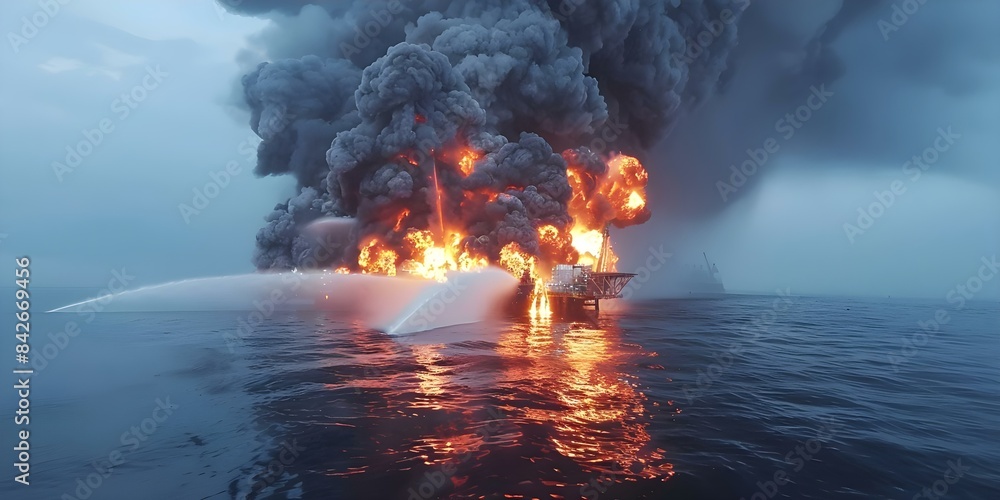Стокова ілюстрація Oil rig explosion at sea Catastrophic damage and ...