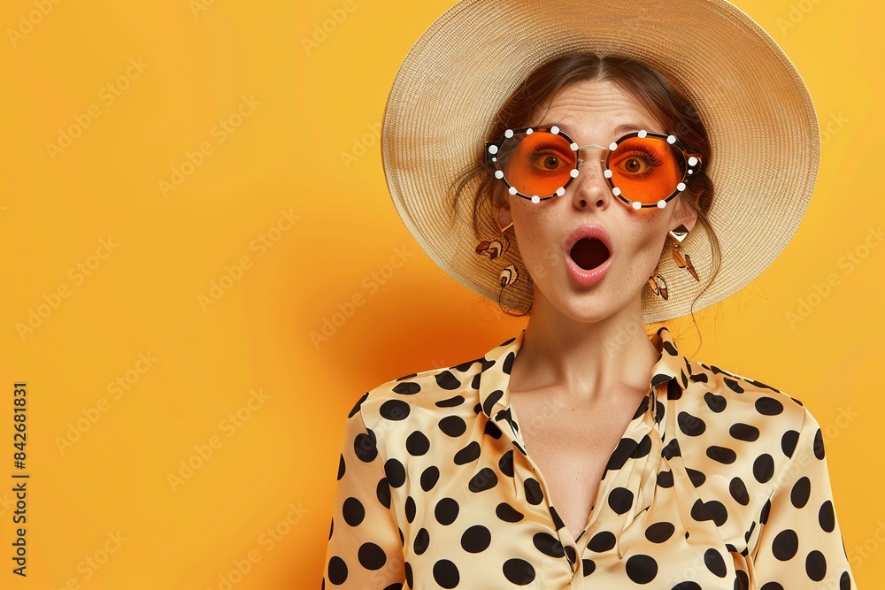 Stylish woman with surprised mysterious expression, wears stylish ...