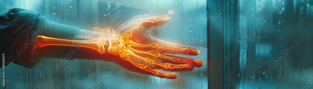 Finger pain men sitting with pain highlighted in the style of an Xray ...