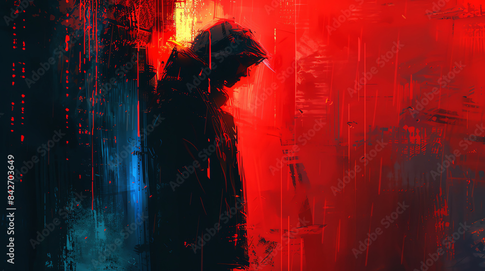 Stylized side profile of a figure in cyberpunk attire, amidst a ...