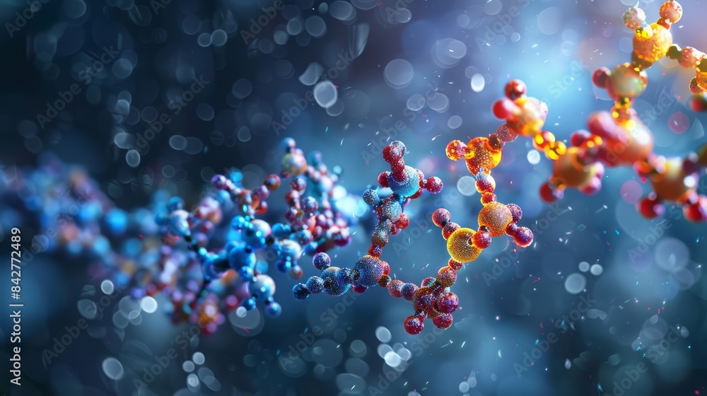 Design a picture of a protein molecule, focusing on the complex folding ...