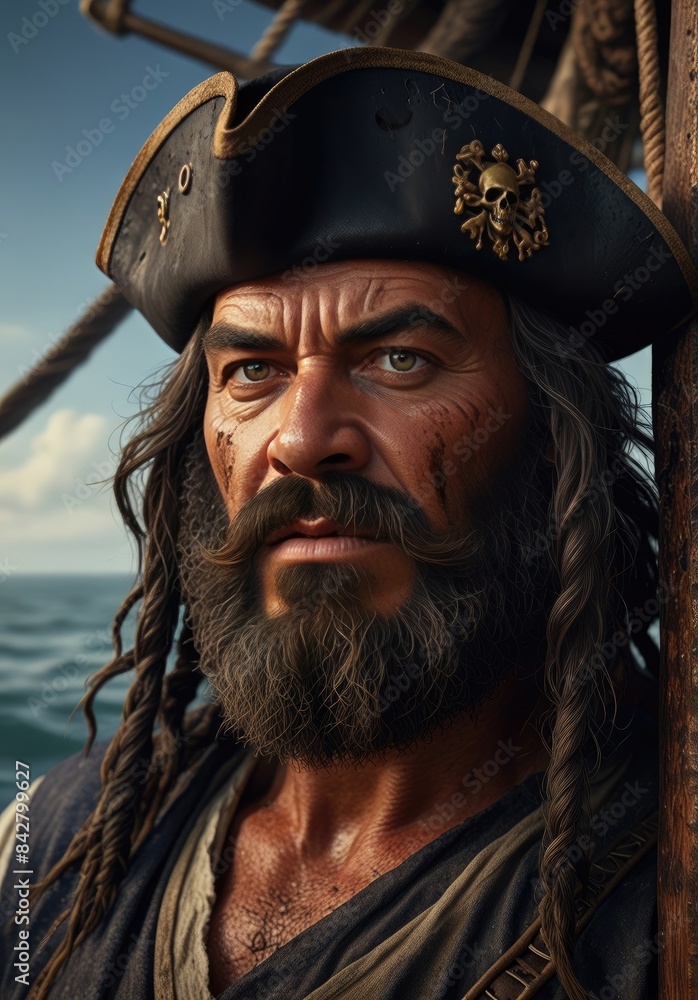 The infamous pirate Blackbeard emerges in vivid detail. His weathered ...