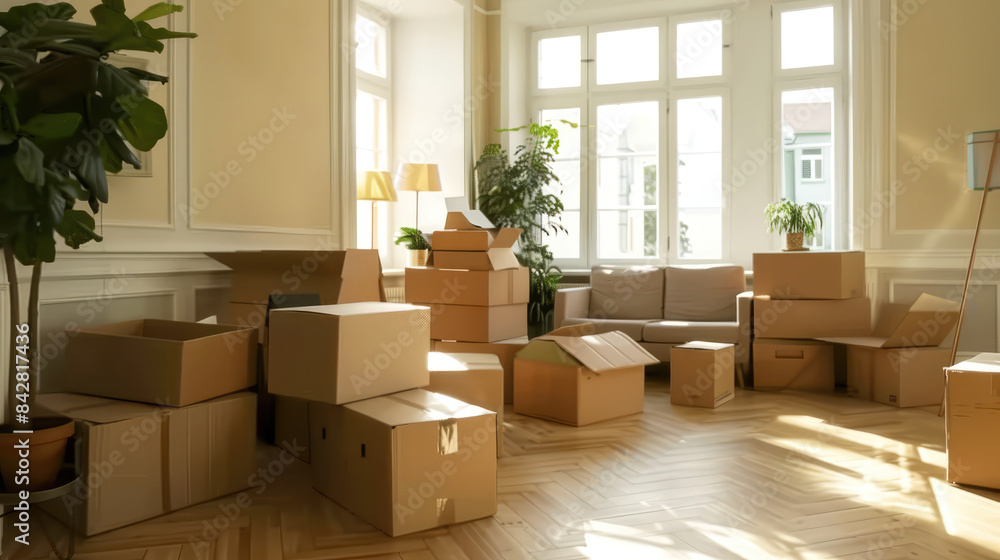 Empty living room with stacked boxes: relocating, renovating, or ...