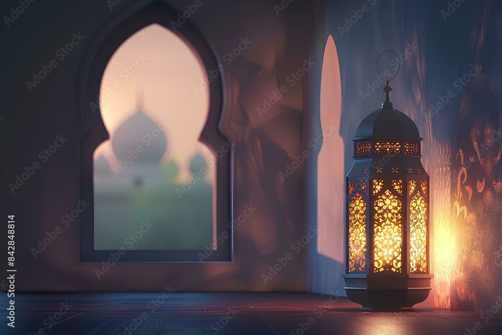 mosque window with lantern and crescent moon for eid mubarrak or ...