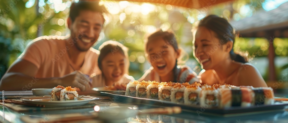 A family enjoying a meal together outdoors, with a large platter of ...