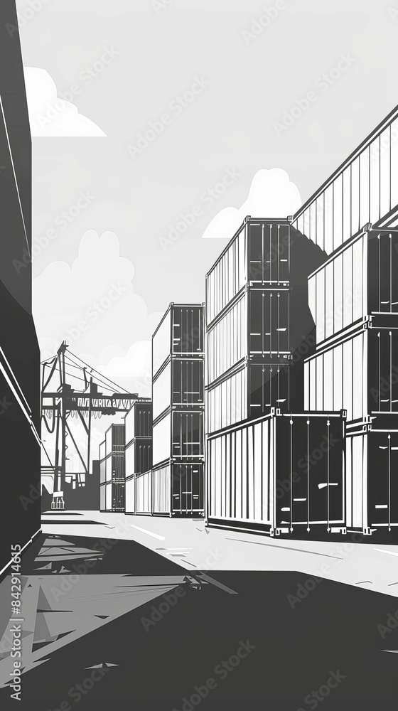 container yard flat design side view theme logistics cartoon drawing ...