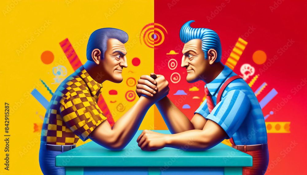 3D cartoon illustration: Exaggerated arm wrestle - Muscular men with ...