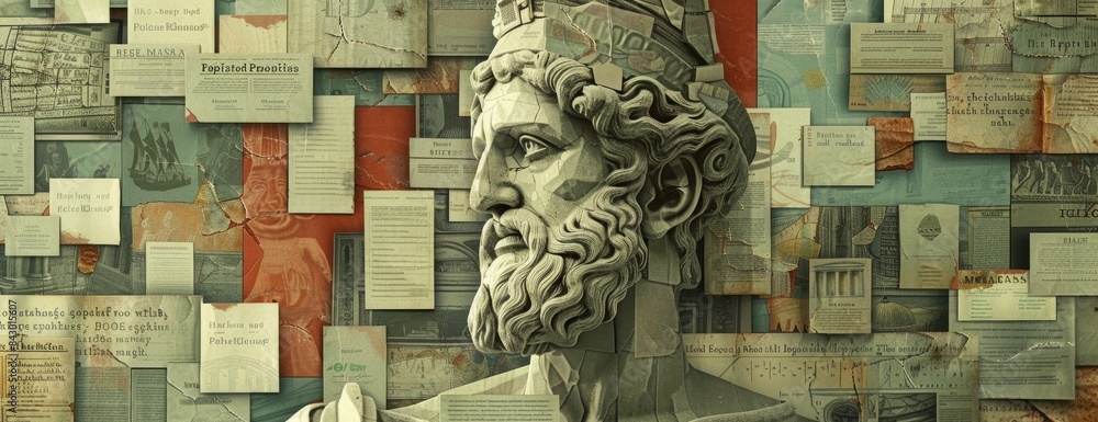 The image shows a statue of the Greek god Zeus. He is looking down with ...