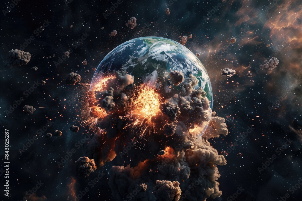 Planet Earth exploding from nuclear blast. Explosion of atomic bomb ...