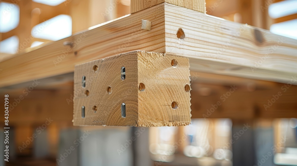 Detailed photo of a wooden frame corner in a prefabricated structure ...