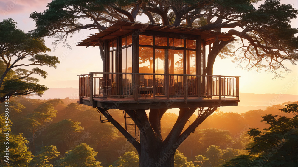Perched on sturdy branches, the treehouse features large windows that ...