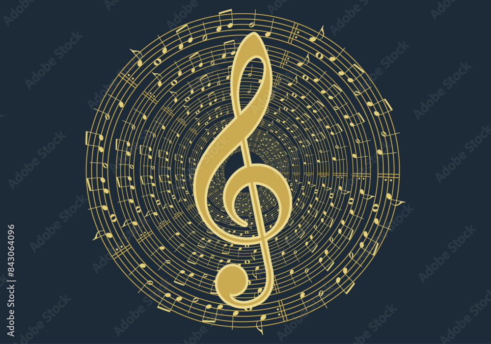 Fondo musical con pentagrama en círculo y nota musical dorada en el ...