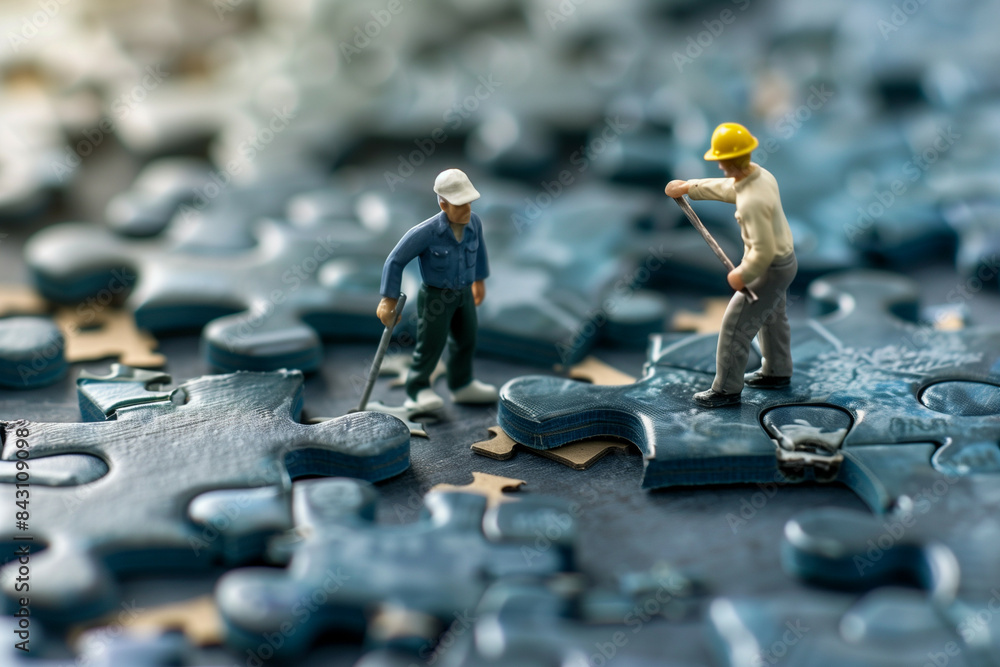 Two miniature construction workers on a giant puzzle piece representing ...