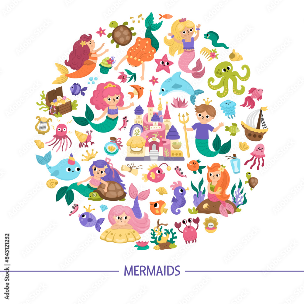 Vector round frame with mermaids. Underwater kingdom card template with ...