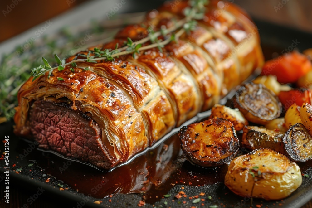 Baeuf en Croute A Baeuf en Croute (Beef Wellington) with a golden ...