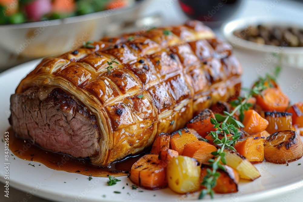 Baeuf en Croute A Baeuf en Croute (Beef Wellington) with a golden ...