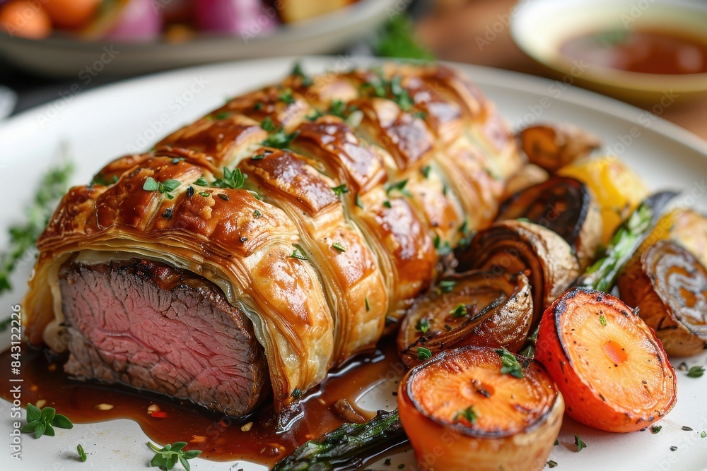 Baeuf en Croute A Baeuf en Croute (Beef Wellington) with a golden ...