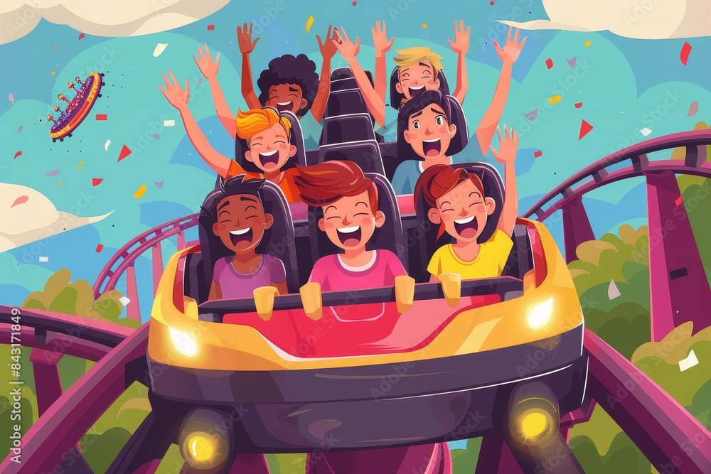 Exciting image of people with raised arms enjoying a ride on a vibrant ...