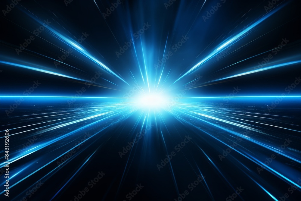 Dynamic burst of blue light rays emanating from a central point, creating a sense of movement ...