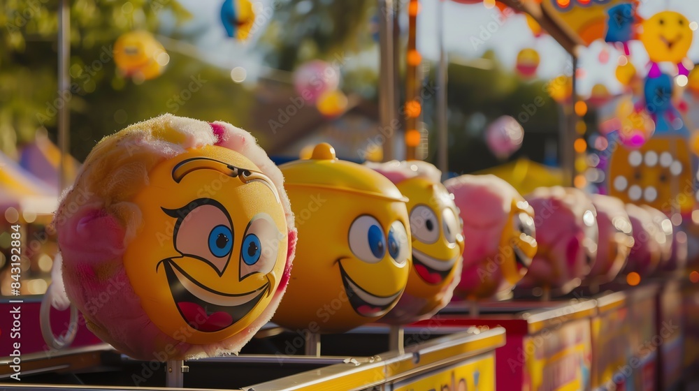 Funny Emoji faces made of cotton candy at a fair. The cotton candy is ...
