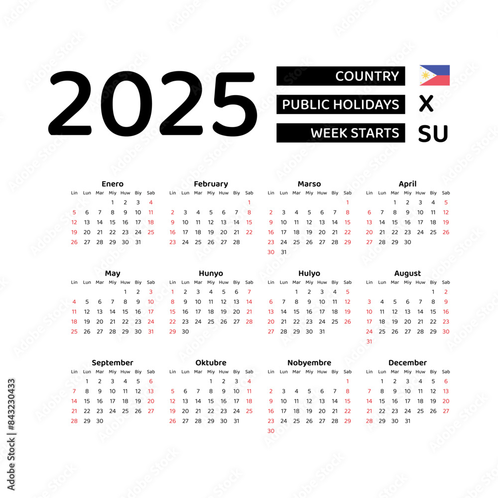 Philippines Calendar 2025. Week starts from Sunday. Vector graphic ...