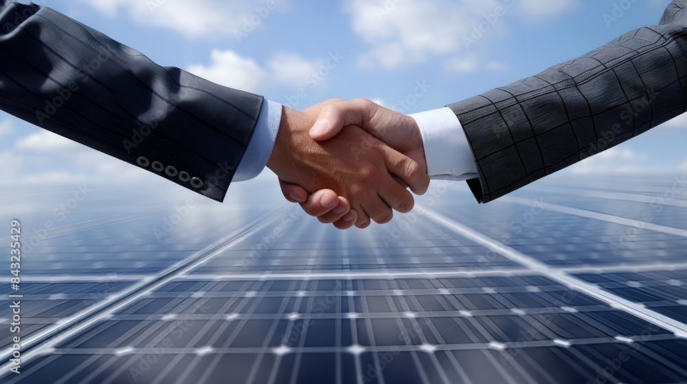 Business Handshake Over Sky On Background Of Solar Panels Mockup ...