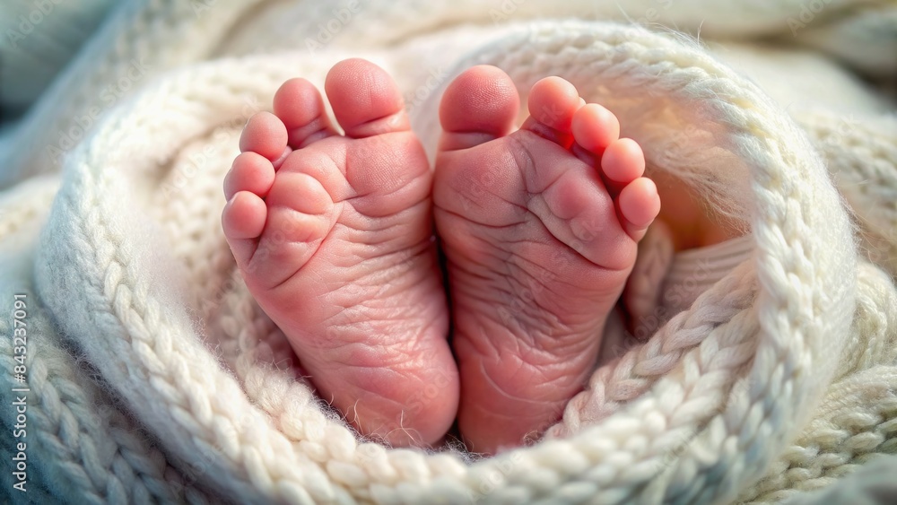 Microscopic view of a newborn's tiny feet, delicate toes curled up ...
