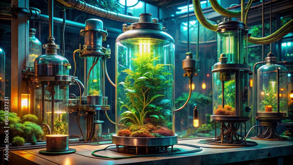 A futuristic vivarium showcases a sleek, neon-lit dropper utensil ...