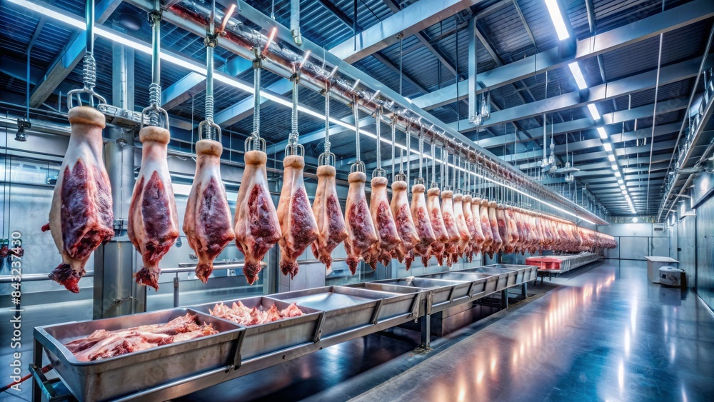Industrial meat processing plant interior with metal machinery ...