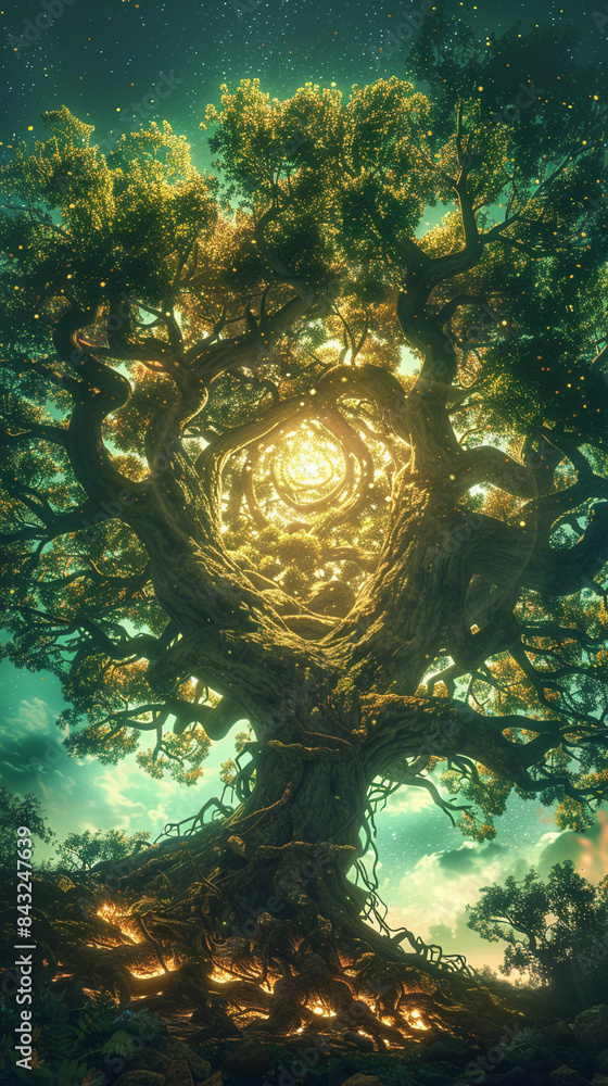 Yggdrasil, ancient tree of life, roots intertwined with the nine realms ...
