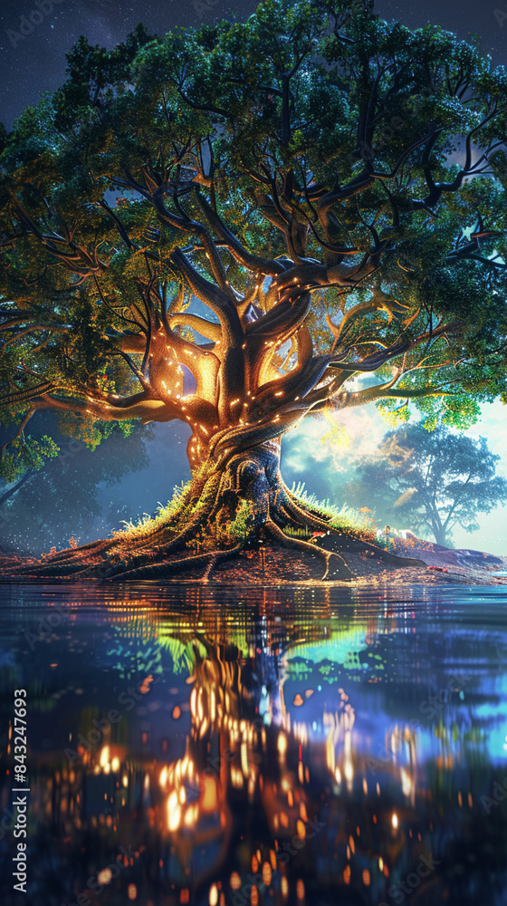 Yggdrasil, ancient tree of life, roots intertwined with the nine realms, casting a mystical glow ...