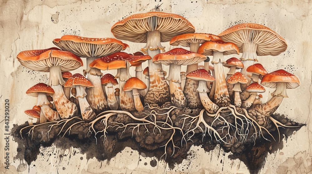 Intricate botanical illustration of soil-based mushroom growth ...