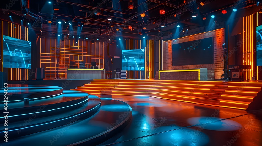 TV game show, with stage lighting and blue neon lights in orange and ...