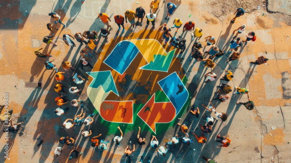 A heartwarming street art mural featuring a recycling symbol embraced ...