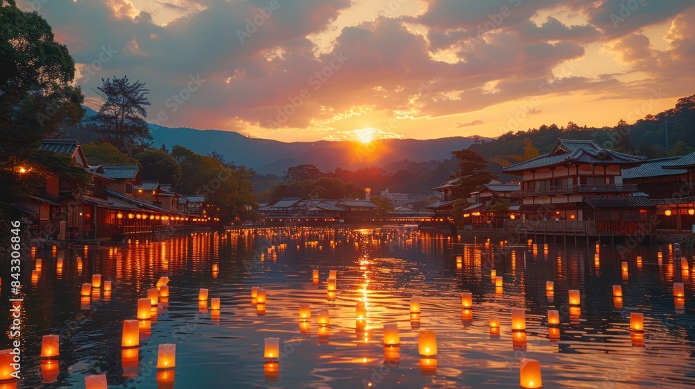 Lanterns float on a river at sunset during a traditional Japanese ...