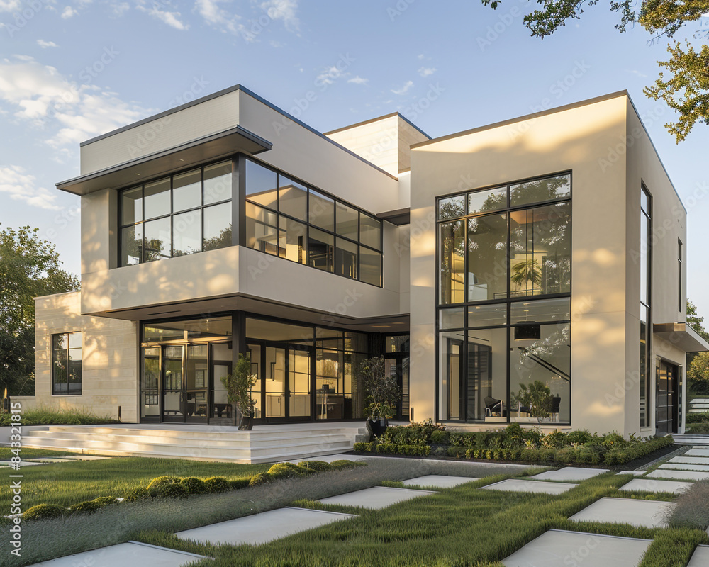 Foto de Stock Front angled low side view of a modern luxury suburban ...