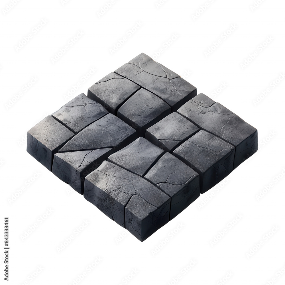 3D illustration of a black, cracked concrete block. High-resolution ...