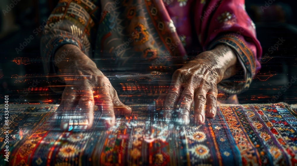 Double exposure of traditional weaving patterns overlaid on a weaver's ...