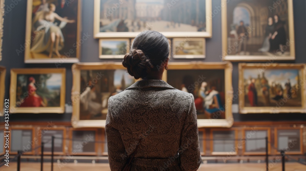 Back view of elegantly dressed woman in classical art gallery. Lady ...