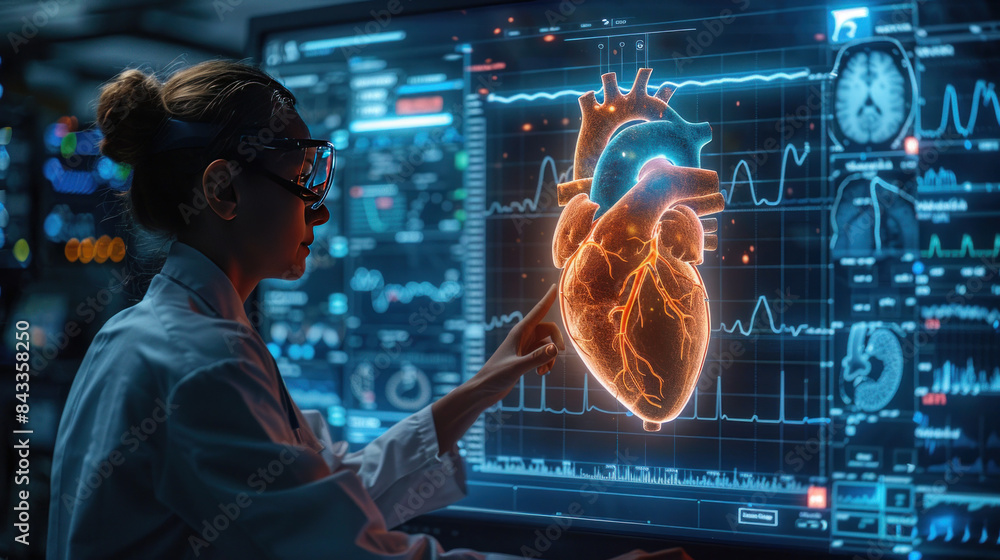 A virtual interface, a cardiologist doctor examines the patient's heart ...