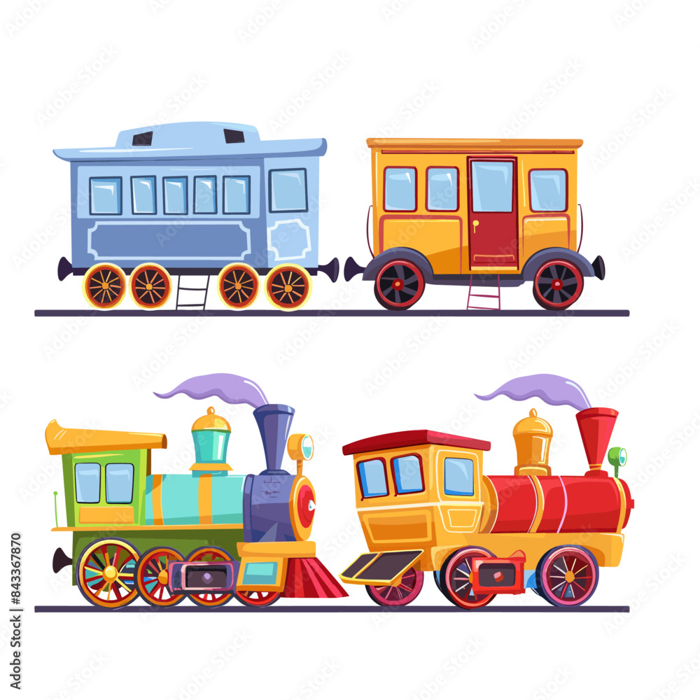 4 cute pastel colored toy train icons, vector illustration, white ...