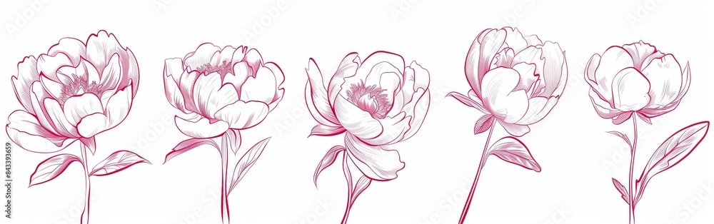 Abstract one line drawing of blooming peonies flowers vector ...