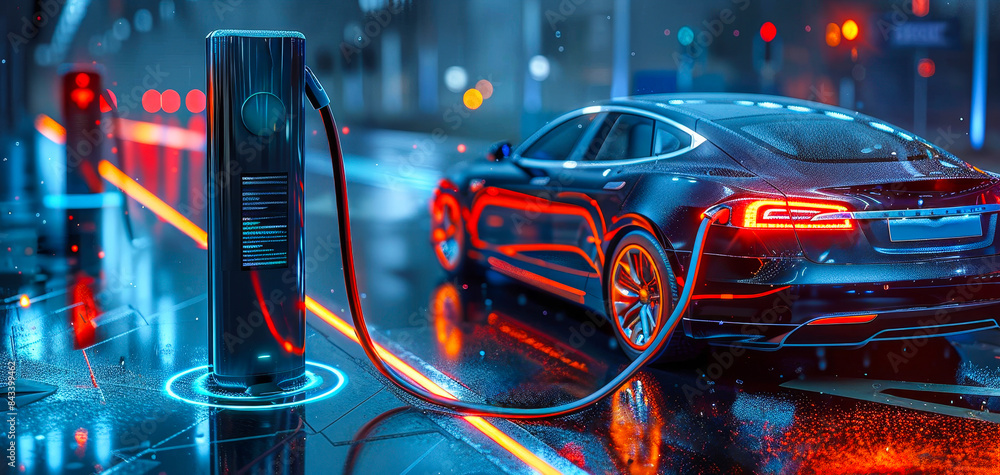 Futuristic EV Car Charging Station: Generic Electric Vehicle Parked ...